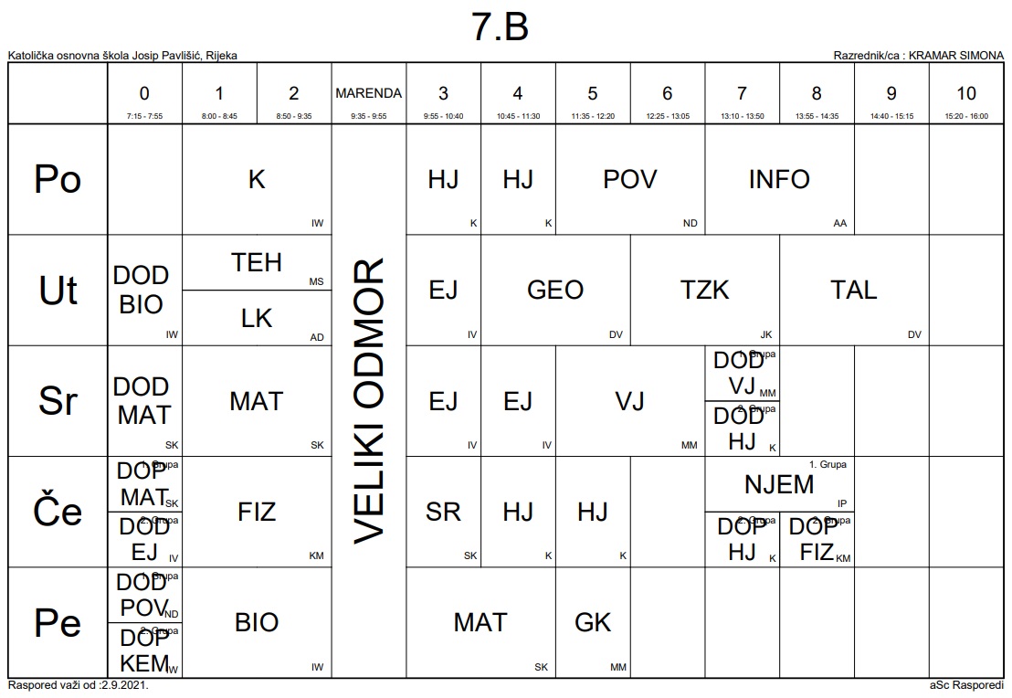 7.b raspored – Katolička osnovna škola "Josip Pavlišić"