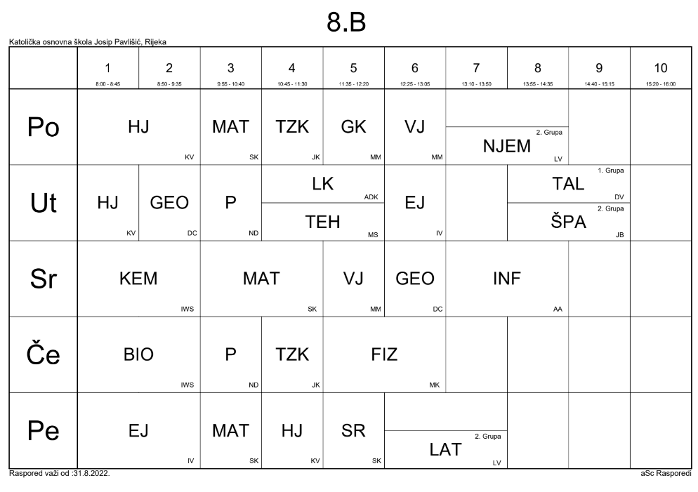 Razredi i raspored – Katolička osnovna škola "Josip Pavlišić"