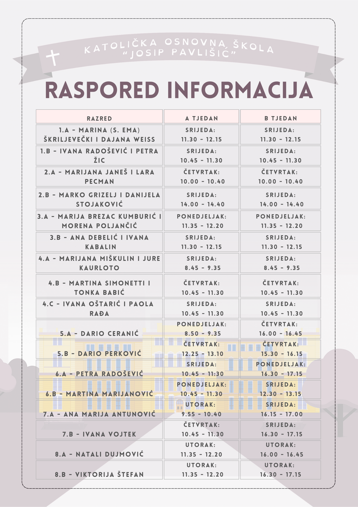Raspored informacija i Info dana – Katolička osnovna škola "Josip Pavlišić"